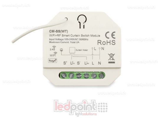 Ledpoint S.r.l. | Interrutore per tende Smart 1CH*2A, 100-240VAC WiFi+RF 2,4GHz per barra DIN